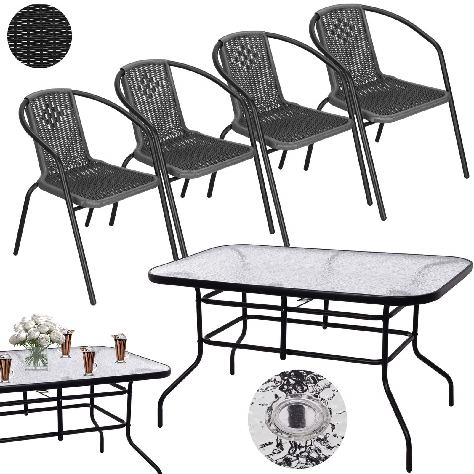 Komplet mebli ogrodowych stół prostokątny i krzesła metalowe 4 szt. zestaw na balkon czarno ...